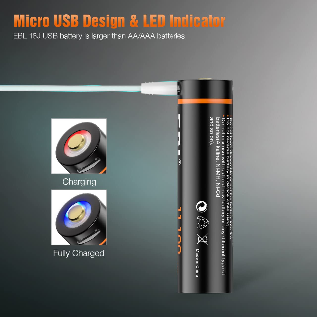 EBL 3.7V Li-ion Rechargeable Batteries 3000mAh 18J Rechargeable USB Lithium Battery for Flashlights, Headlamps, Doorbells, RC Cars (2 Pack)