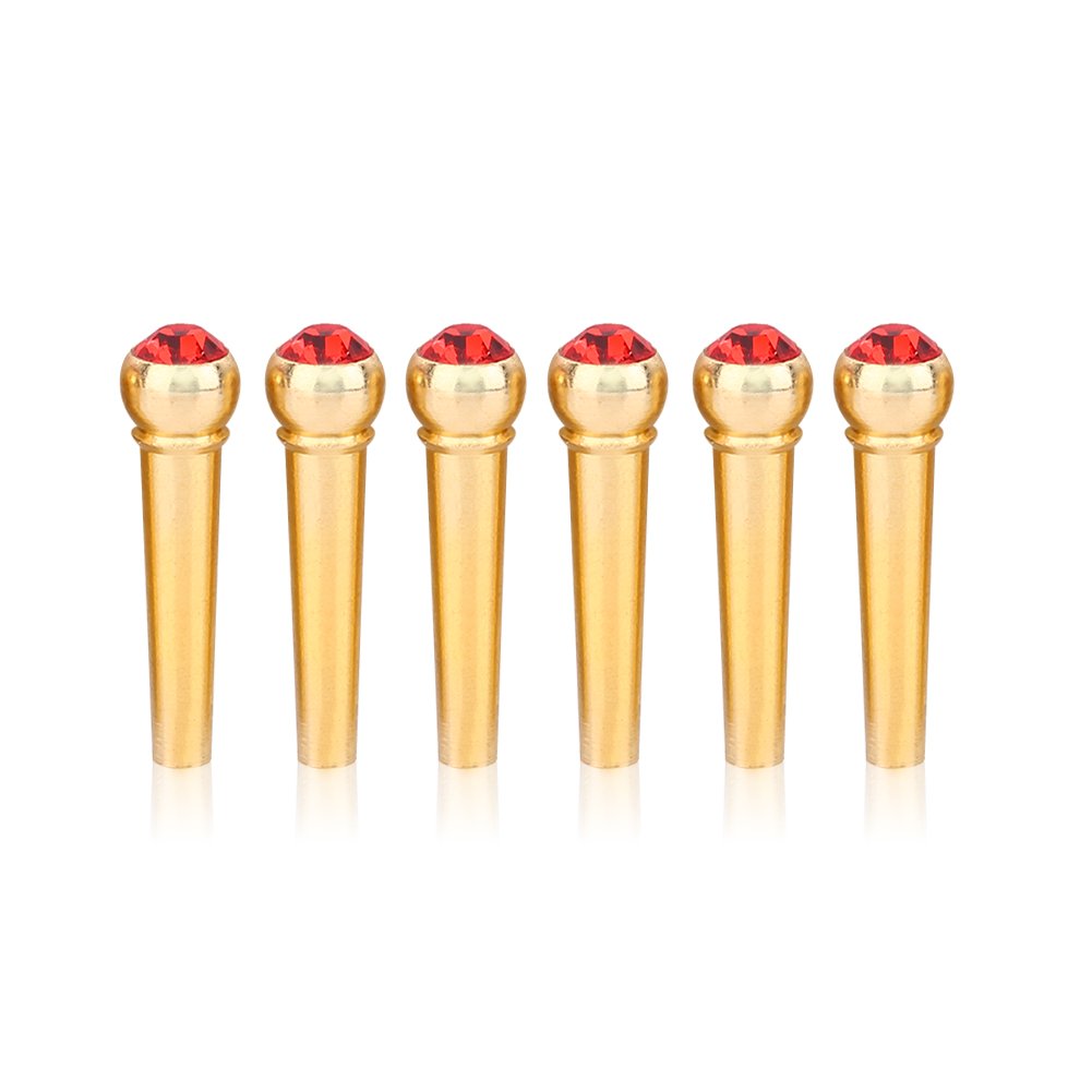 6Pcs Bridge Pin Copper Material Folk Acoustic Guitar Bridge Pin Peg Nail with Colorful Crystal Glass Dot(Red)