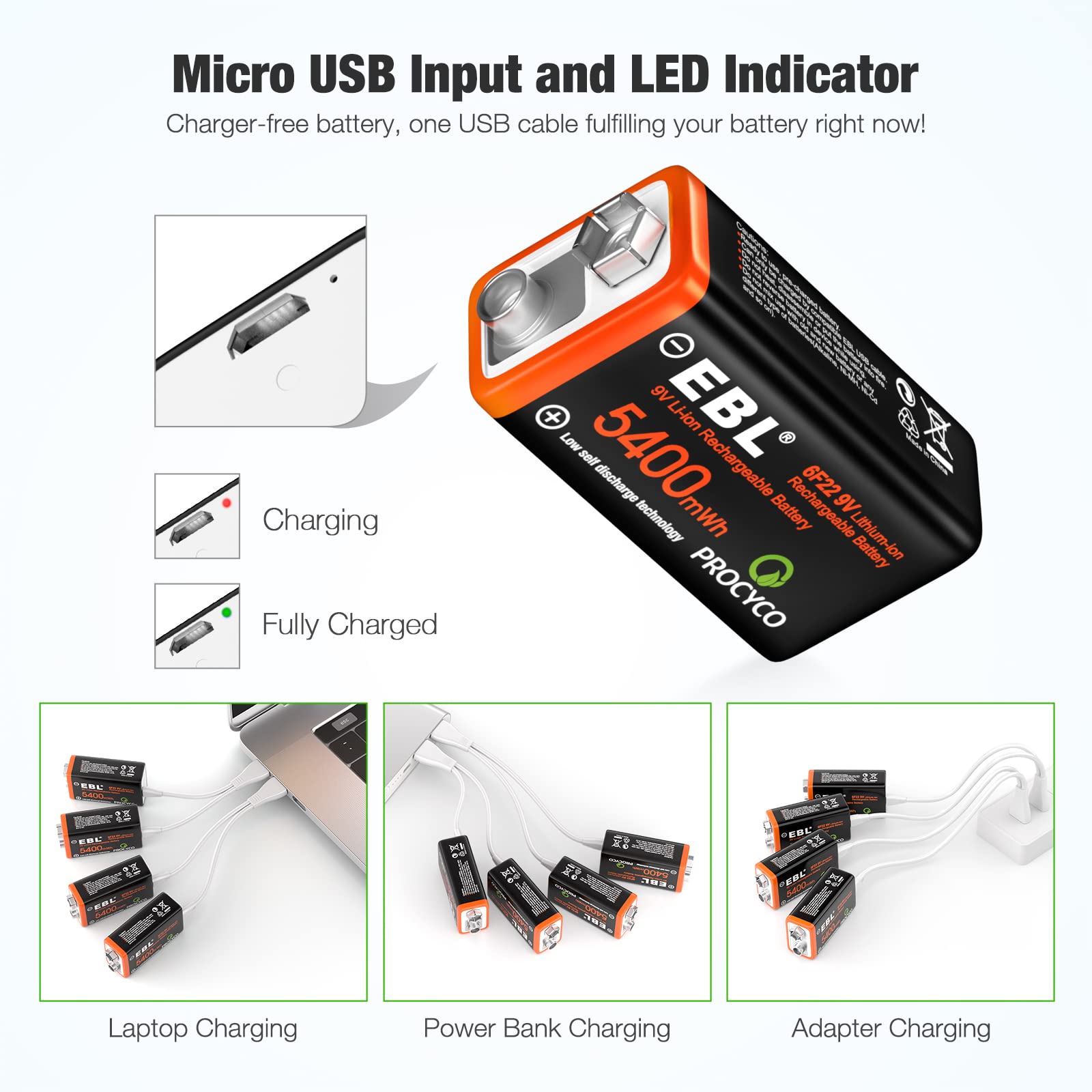 EBL USB Rechargeable 9V Lithium Batteries - 5400mWh Long Lasting LI-ion Batteries with Micro Charging Cable - Quick Charge in 2 Hours (4 Pack)