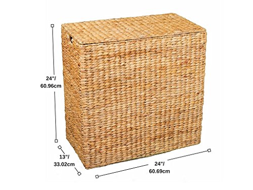 BirdRock Home Water Hyacinth Laundry Hamper Divided Interior (Natural) - Eco Friendly - Made of Hand Woven Hyacinth Fibers - Includes Two Removable Cotton Liners Bag - Wicker Laundry Basket with Lid