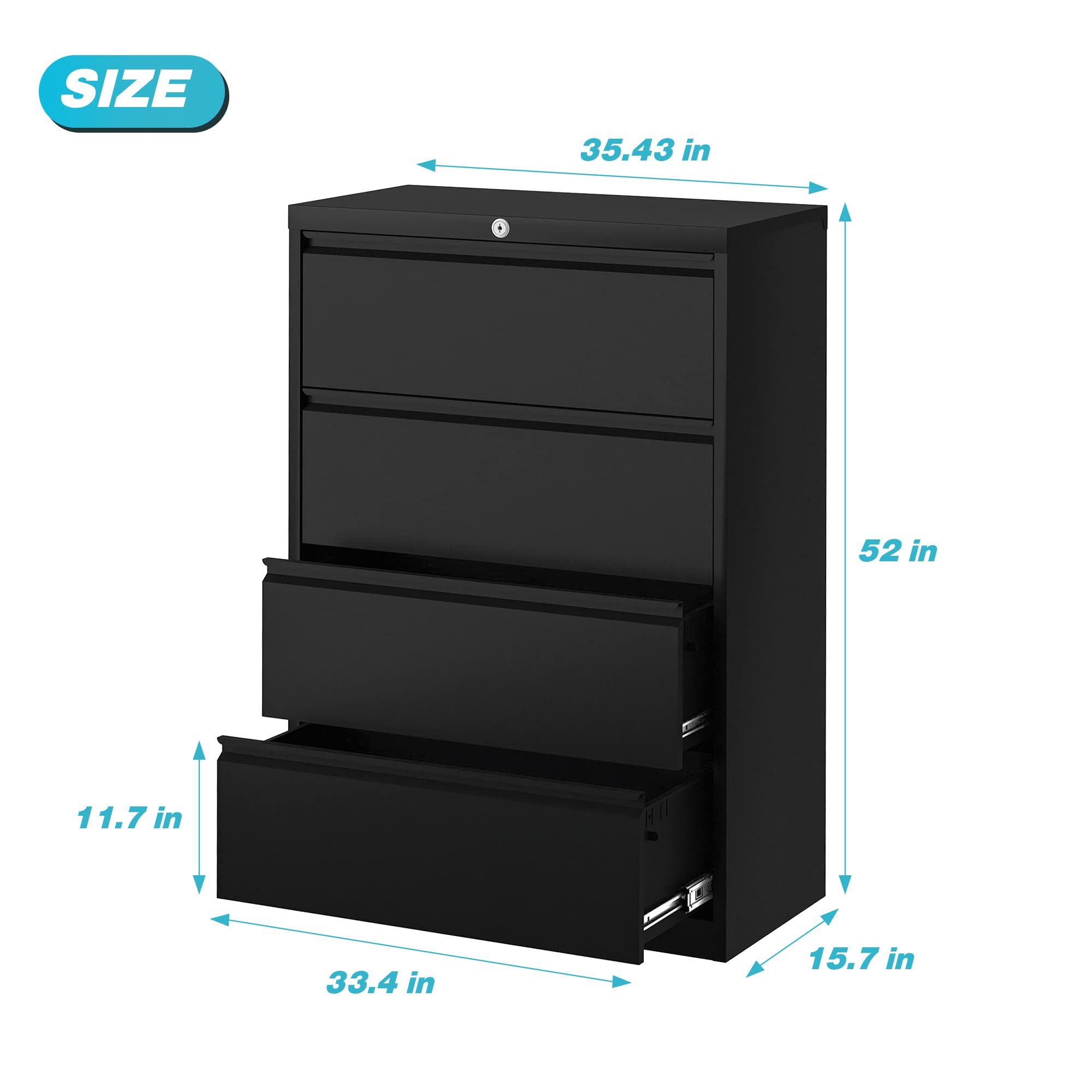 Aobabo Metal Lateral File Cabinet with Lock,Large Deep Drawer with Adjustable File Bars for Office,Home,35.43 Inches Wide for Letter/Legal A4 Size Drawer,Assembly Required (Black,4 Drawer)………