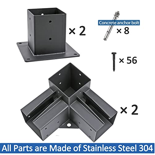 Deck Man 4x4(Actual Size: 3.5x3.5inch) Stainless Steel 3-Way Right Corner Bracket with Flange Anchors,Pergola/Gazebo kit (2 Pack)