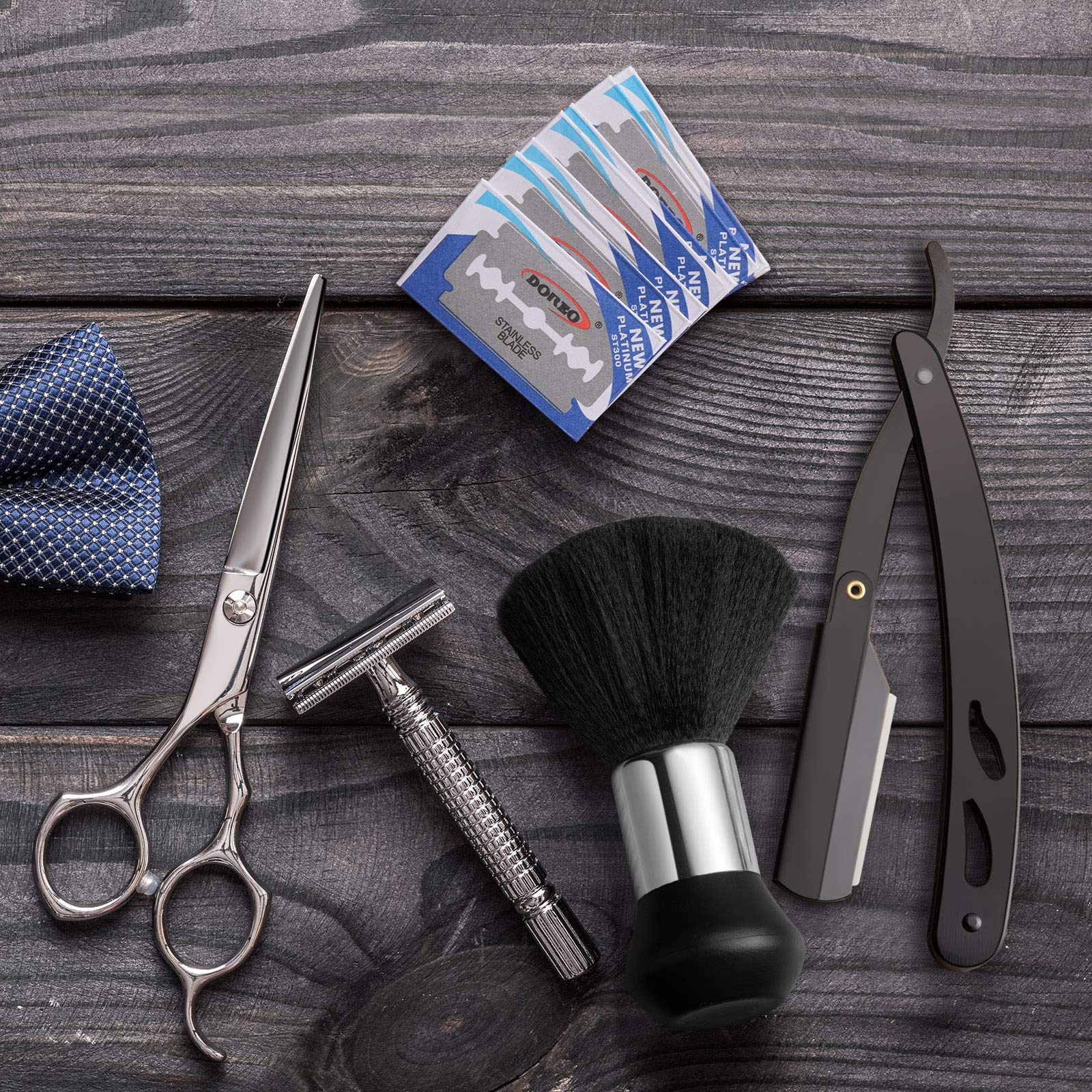 Barber Straight Razor Straight Edge Shaving Razor Manual Shaver with Neck Duster Brush and 40 Pieces Double Edge Blades for Hair Salons