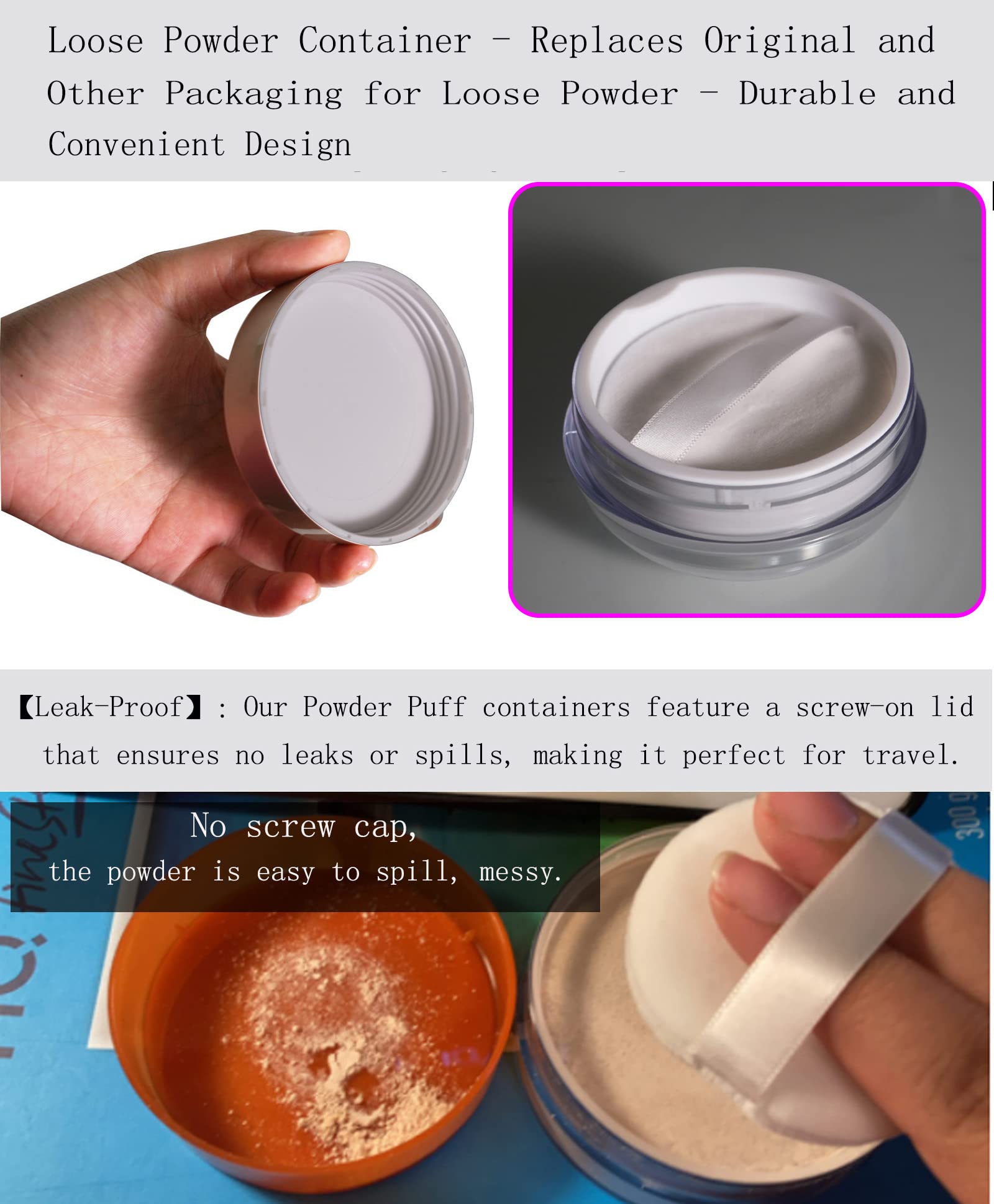 Powder Puff, Loose Powder Containers, Reusable Empty Makeup Powder Container with Elasticated Net Sifter for Setting Powder, Face Powder, Loose Powder, ect, for Travel and Daily Use