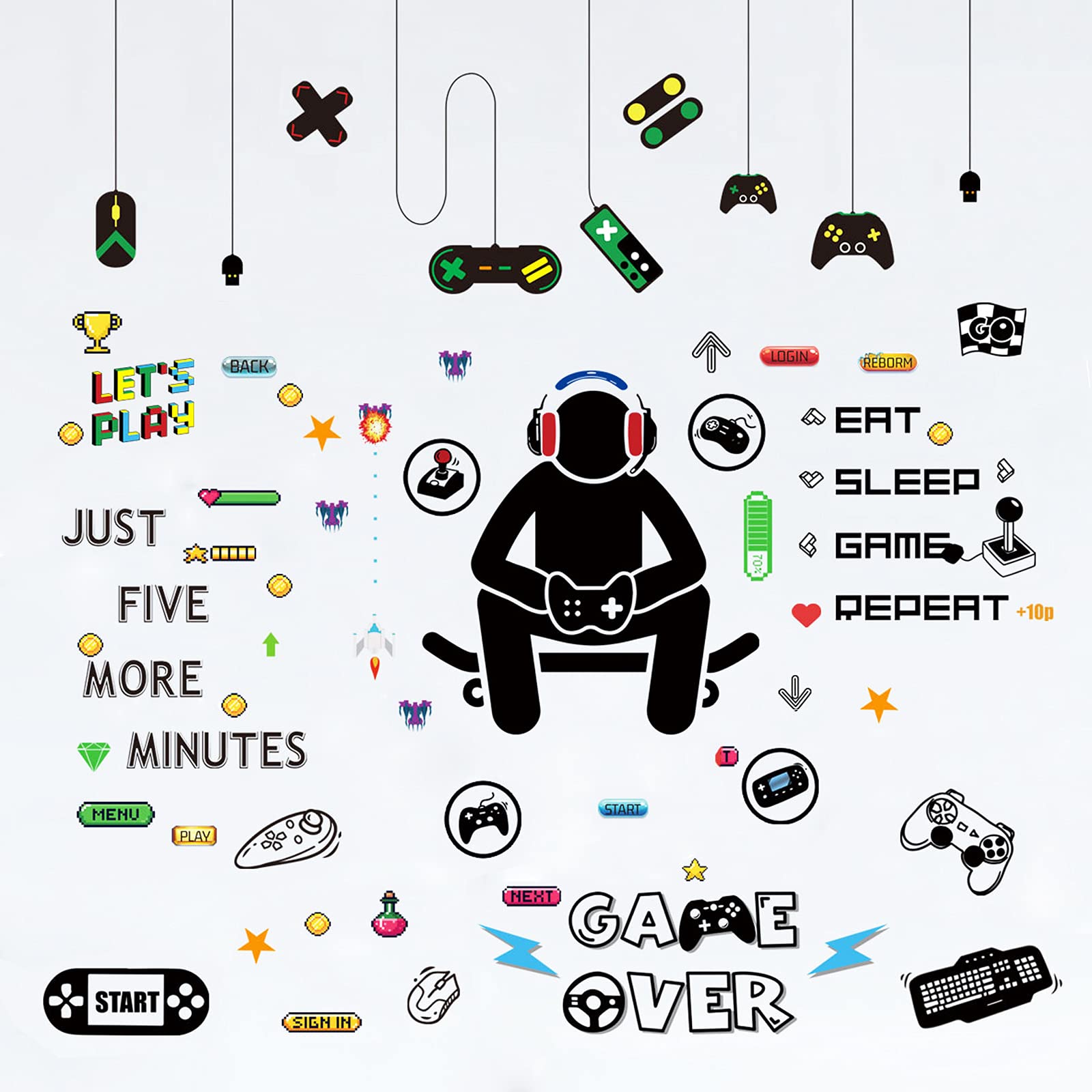 Gamer Wall Sticker Game Wall Decals for Boys,Video Game Room Decor Gaming Controller Wall Stickers Removable DIY Cartoon Party Wallpaper for Kids Bedroom Home Playroom Decoration,6 Sheets