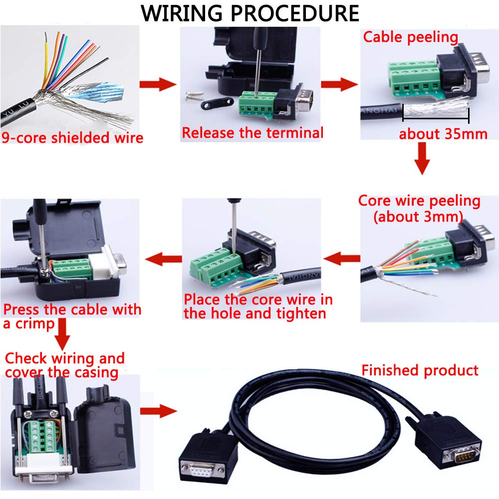 ANMBEST 10PCS DB9 Breakout Connector, 5PCS Male + 5PCS Female DB9 Solderless RS232 D-SUB Serial to 9-pin Port Terminal Adapter Connector Breakout Board with Case Long Bolts Tail Pipe