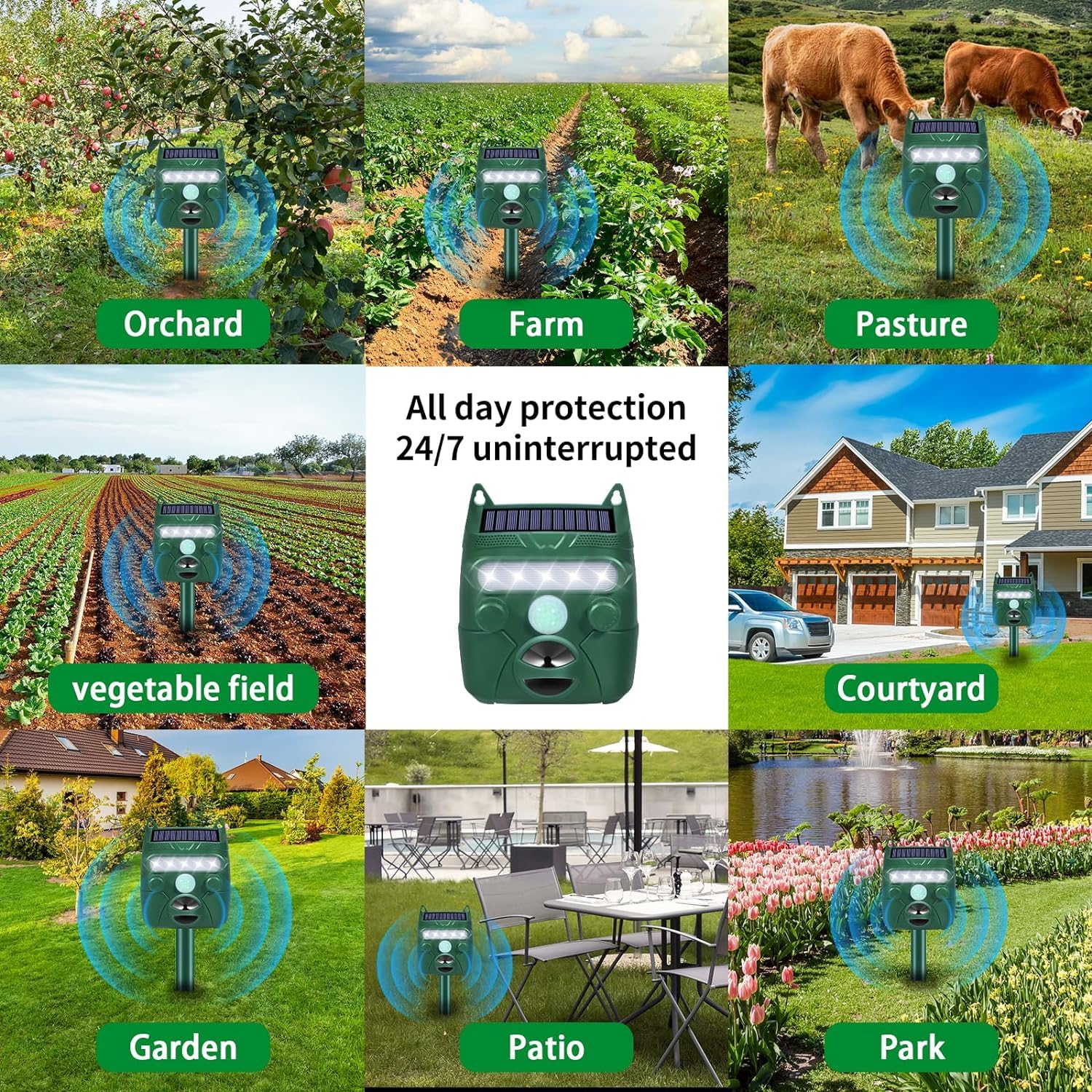 2 Pcs Solar Ultrasonic Animal Repellent, 2024 Deer Repellent Devices with Motion Sensor Flash Light to Scare Away Cat Squirrel Skunk Deer Raccoon Rabbit, Cat Deterrent Outdoor Dog Repellent for Yard