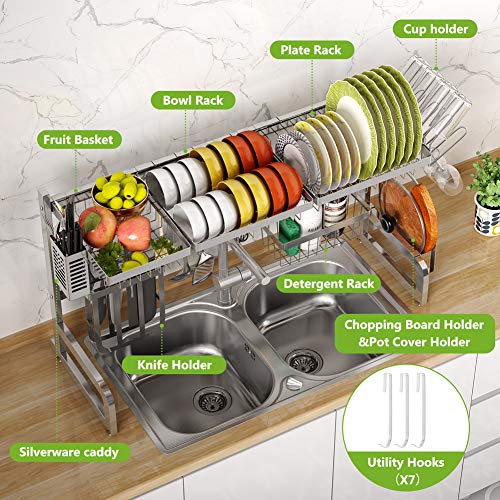 1Easylife Over The Sink Dish Drying Rack Adjustable 2-Tier Large Dish Dryer Rack for Kitchen Organizer Storage Space Saver Shelf Utensils Holder with 7 Utility Hook Tableware Drainer (Silver)