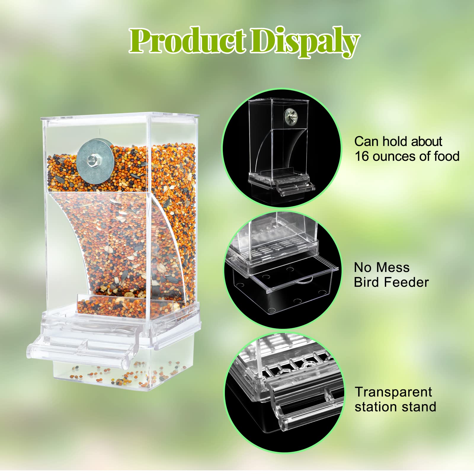 Rypet No Mess Automatic Bird Feeder Transparent Food Container Cage Acrylic Parrot Feeder Accessories for Small Birds Parrot Cockatoo Canary