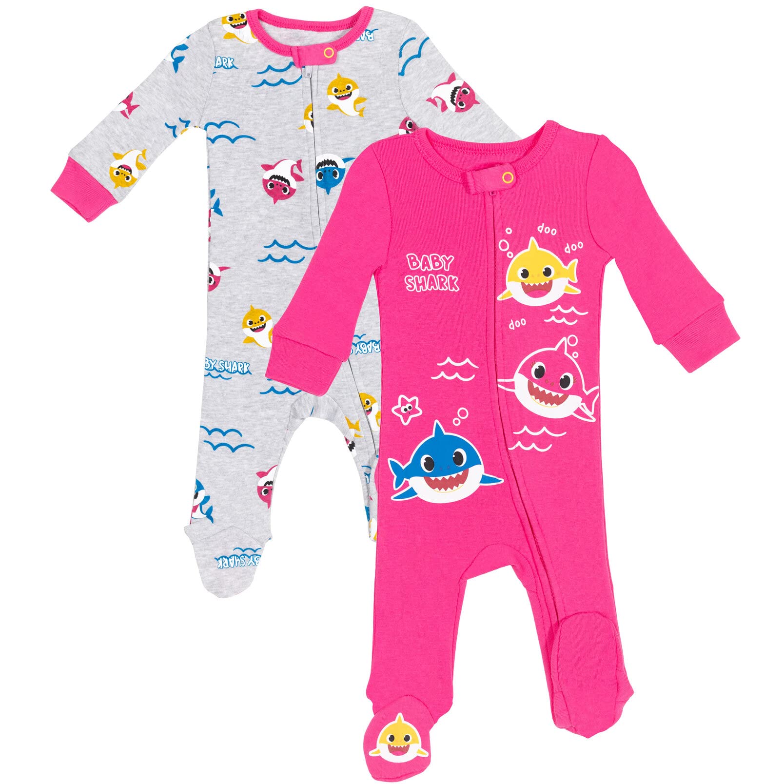 Pinkfong Baby Shark Infant Baby Girls 2 Pack Zip Up Sleep N' Play Coveralls Pink/Gray 24 Months