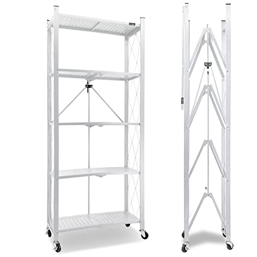 ALANNG 5 Tier Storage Shelves Heavy Duty on Wheels, Foldable Metal Shelving Units 11.1" D x 24.2" W x 59" H for Garage Kitchen Bakers, No Assembly Organizer Rack White