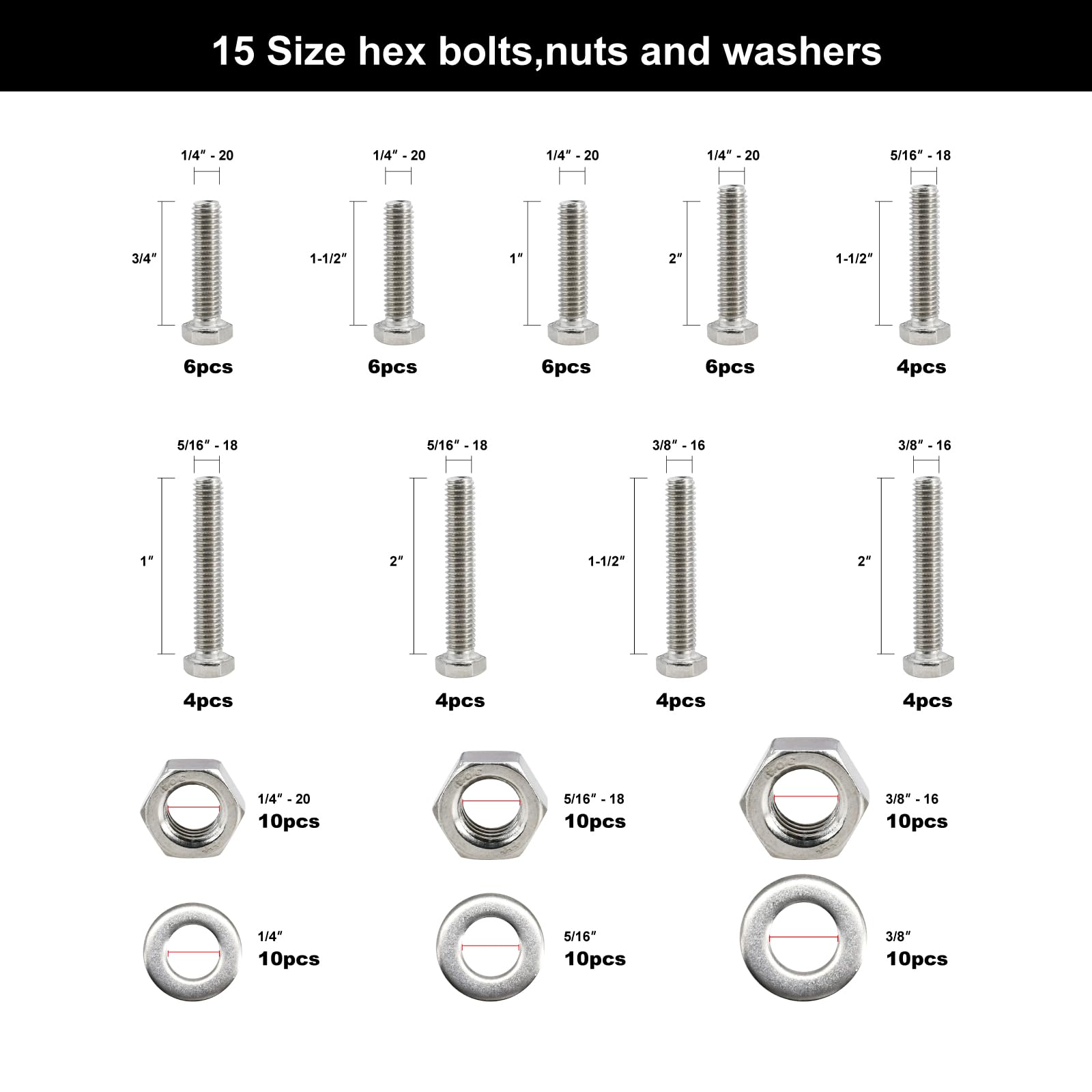 Dana Fred 104PCS 304 Stainless Steel Bolts and Nuts Kit,Hex Bolts and Nuts Assortment Set,1/4-20,5/16-18,3/8-16,15 Sizes Machine Screw Assortment Kit