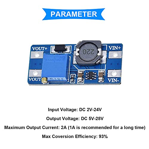 DAOKI 5 Pcs DC-DC Boost Converter MT3608 2V-24V to 5V-28V 2A Adjustable Voltage Regulator Step Up Power Supply Module for Arduino with 24AWG Wire