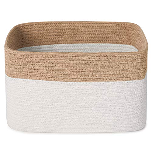 ANMINY 3PCS Woven Cotton Rope Storage Baskets with Handles Large Washable Basket Set Decorative Storage Bins Boxes Blanket Clothes Towel Laundry Organizer Containers - White/Brown