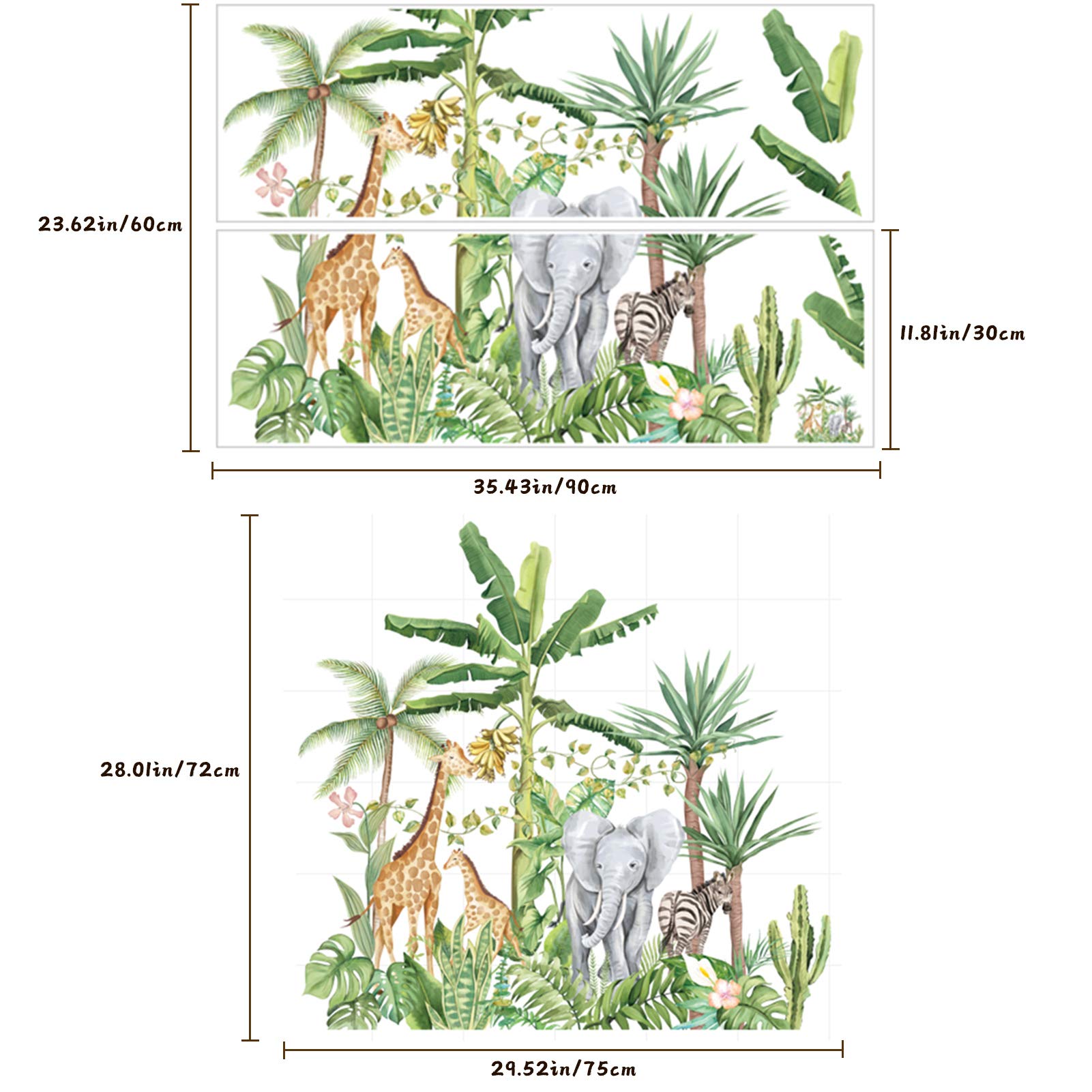 Tropical Rainforest Animals Plants Wall Stickers, AUHOKY Removable Cartoon Elephant Giraffe Nordic Plant Wallpaper Decor, Peel and Stick Art Murals for Kids Bedroom Background Nursery Home Decorations