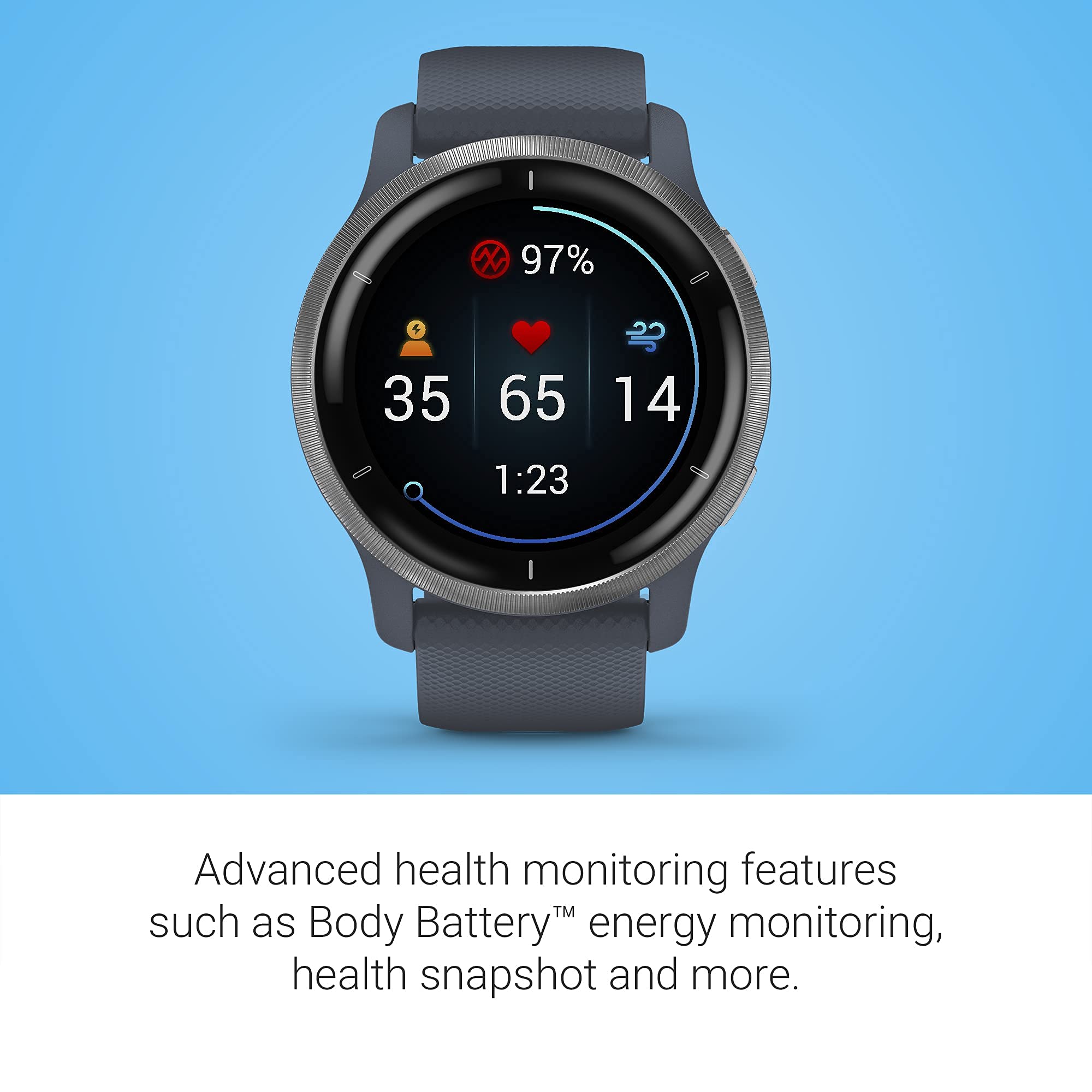 Garmin Venu 2, GPS Smartwatch with Advanced Health Monitoring and Fitness Features, Silver Bezel with GraniteBlue Case and Silicone Band (Renewed)