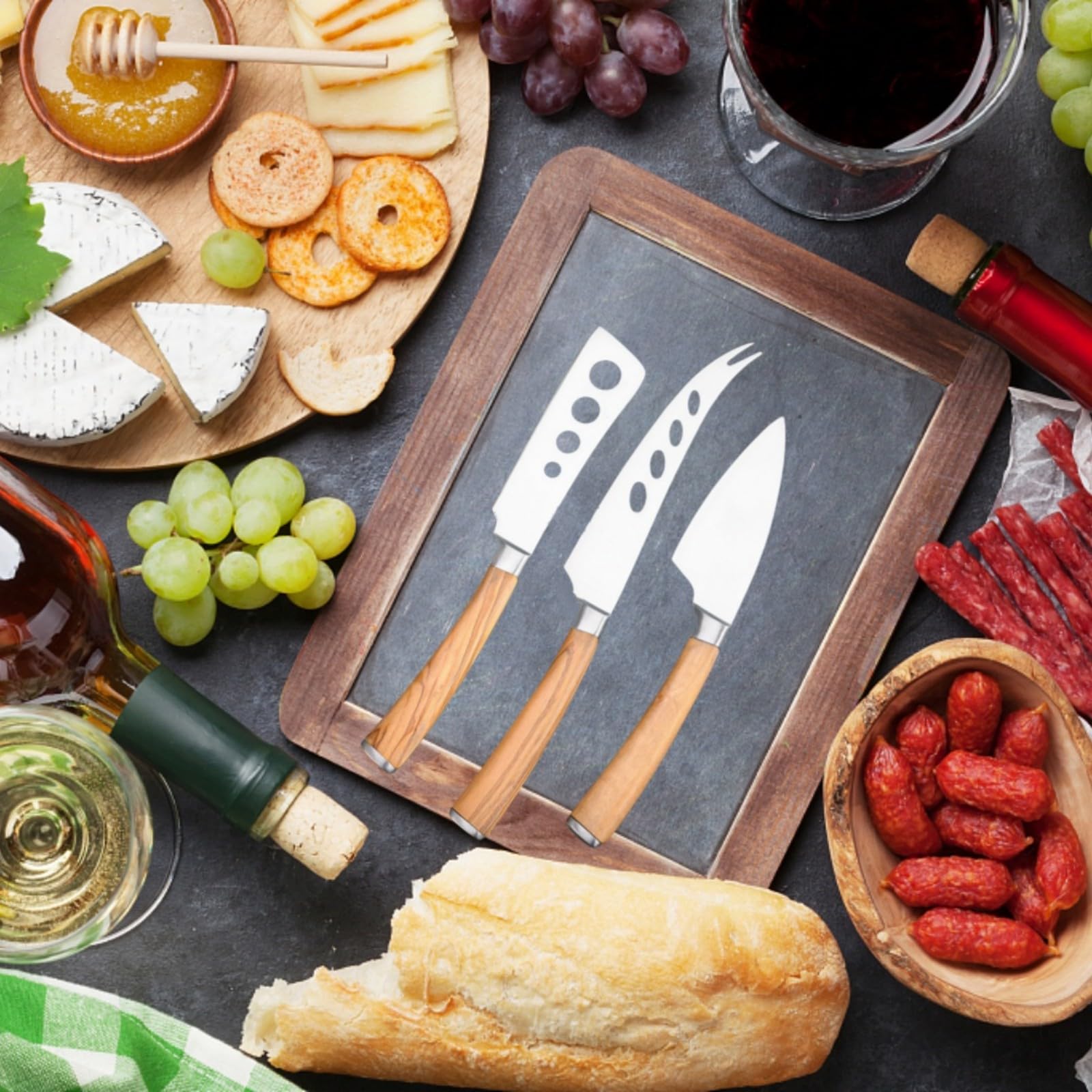 3 Piece Cheese Knife Set for Charcuterie Board, Olive Wood Stainless Steel Cheese Knives, Perfect for Hard and Soft Cheese Slicer and Cutter