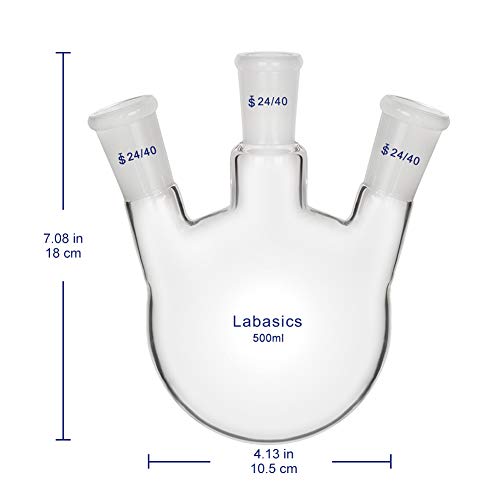 Labasics Glass 500ml 3 Neck Round Bottom Flask RBF, with 24/40 Center and Side Standard Taper Outer Joint, 500ml