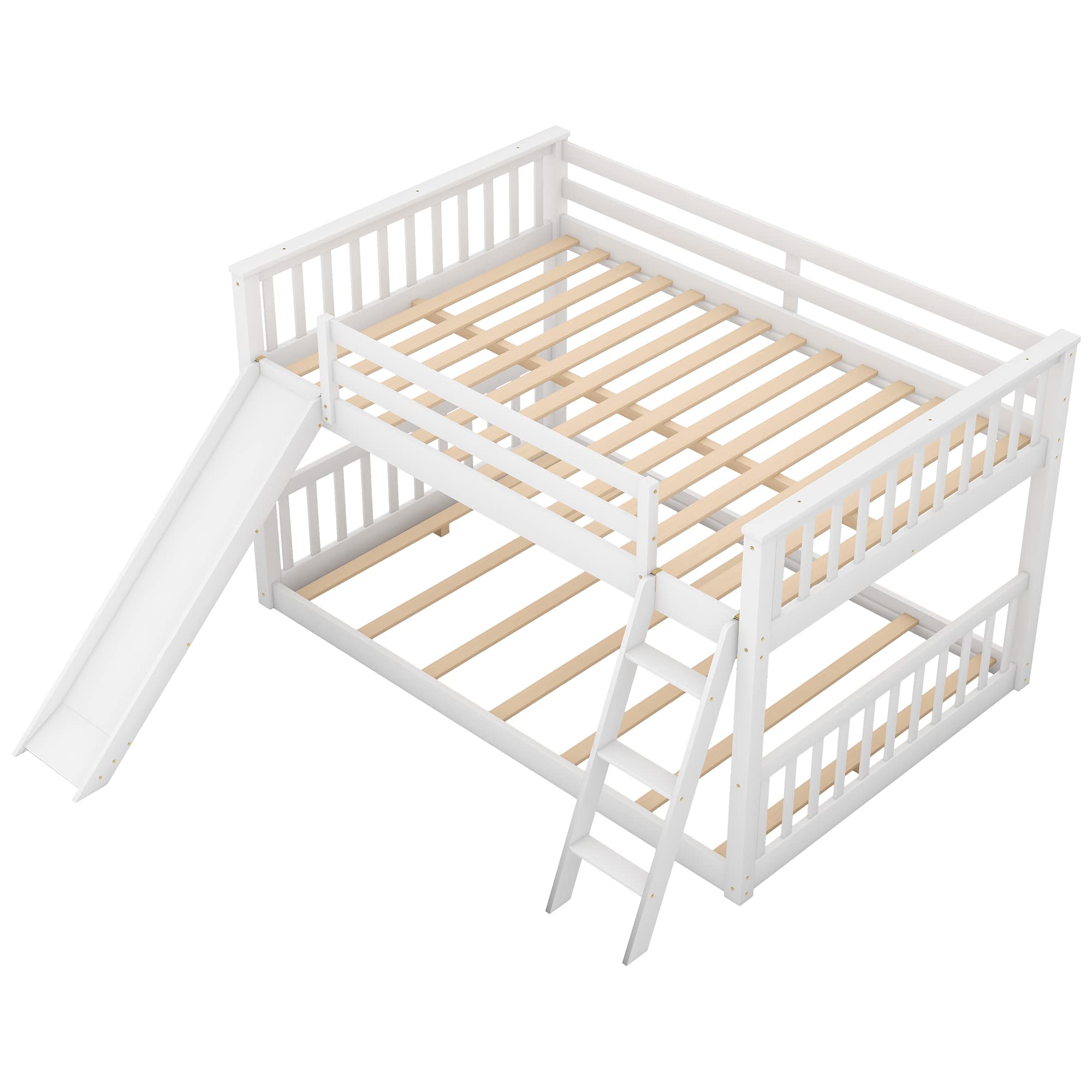 Harper & Bright Designs Kids Floor Bunk Beds, Full Over Full Bunk Bed with Convertible Slide and Ladder, Wooden Low Bunk Bed Frame for Kids, Toddlers, Teens, No Box Spring Needed (Full, White)