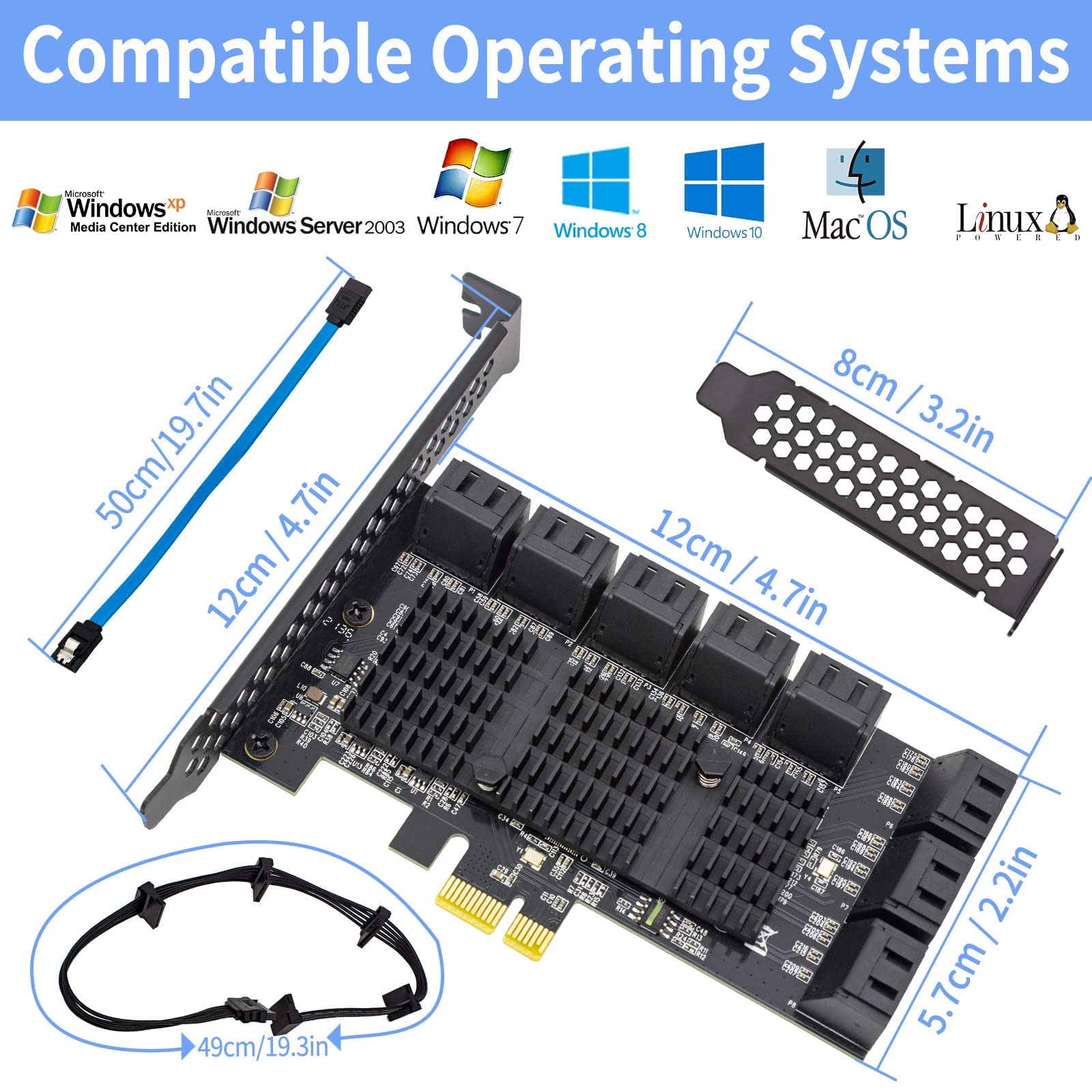 ACTIMED PCIE SATA Card 16 Port with 16 SATA Cable, 6 Gbps SATA 3.0 Controller PCI Express Expansion Card with Low Profile Bracket, Support 16 SATA 3.0 Devices, Compatible with Windows,MAC,Linux System