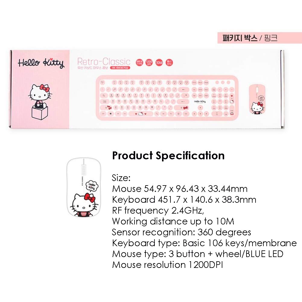 Digital Ventus Hello Kitty Retro Keyboard + Mouse Set, Keyboard Korean/English (Pink)