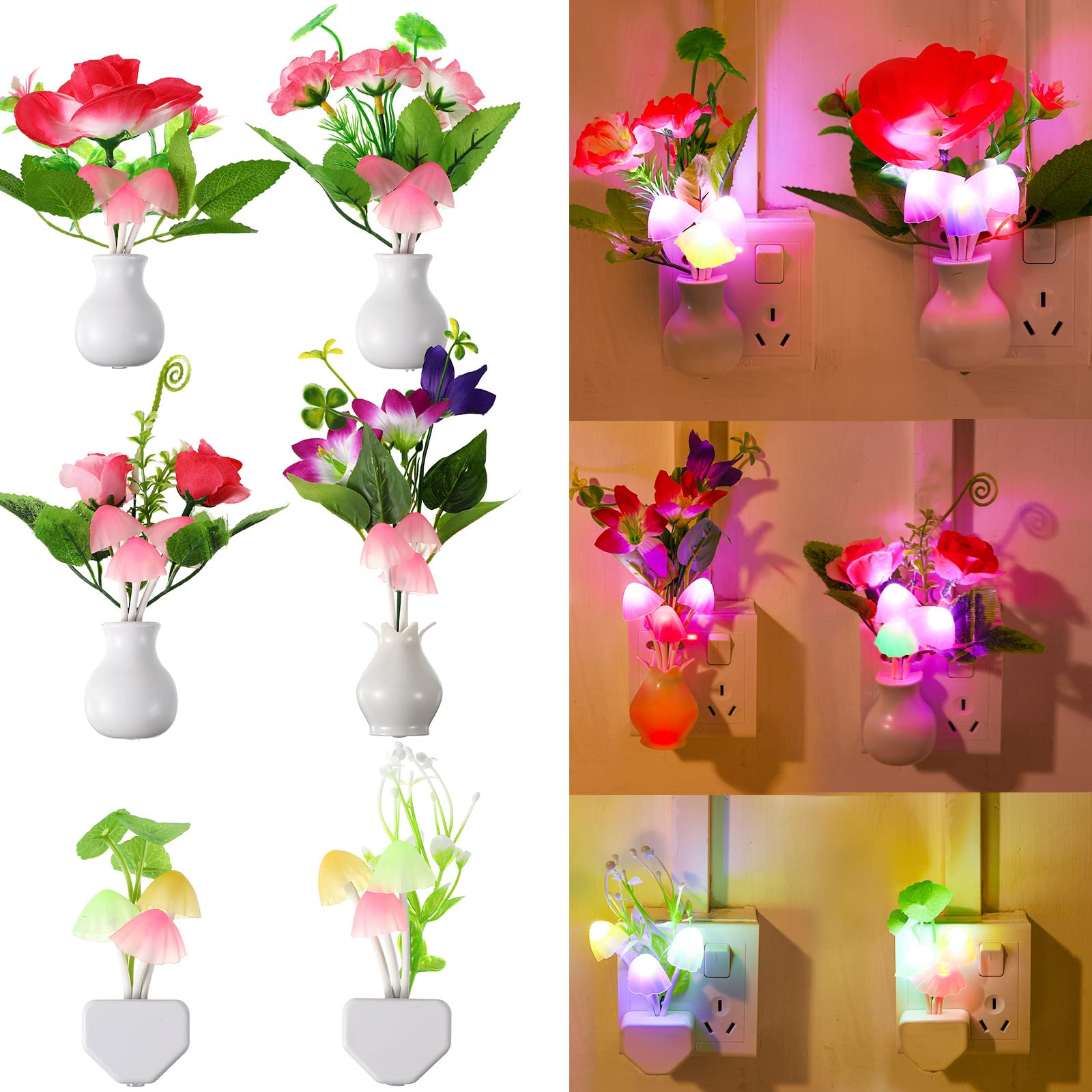 6 Pack Sensor LED Night Light Color Changing Plug in LED Mushroom Dream Bed Lamp Dusk to Dawn Cute Mushroom Nightlight Flower Wall Lamp for Adults Bedroom Hallway Stairs Corridor