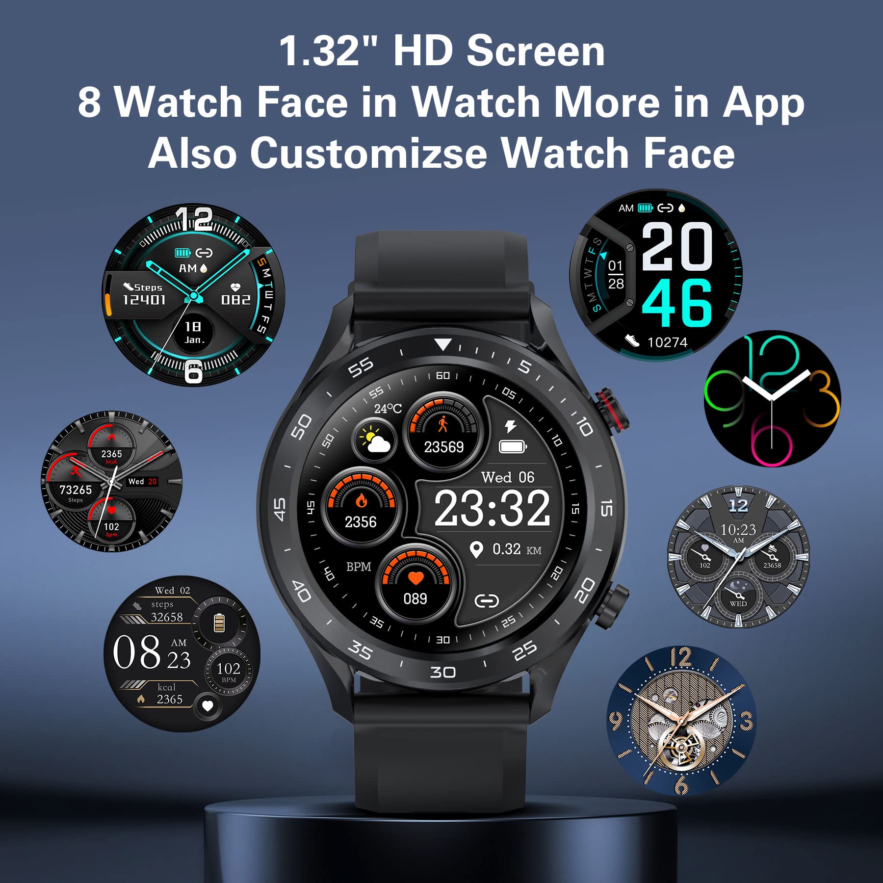 BRIBEJAT Smart Watch for Men, HD 1.32'' Stainless Steel Case Smartwatch, Waterproof Fitness Tracker Pedometer SpO2/Heart Rate/Sleep Monitor, Activity Tracker Compatible with iOS Android Phone
