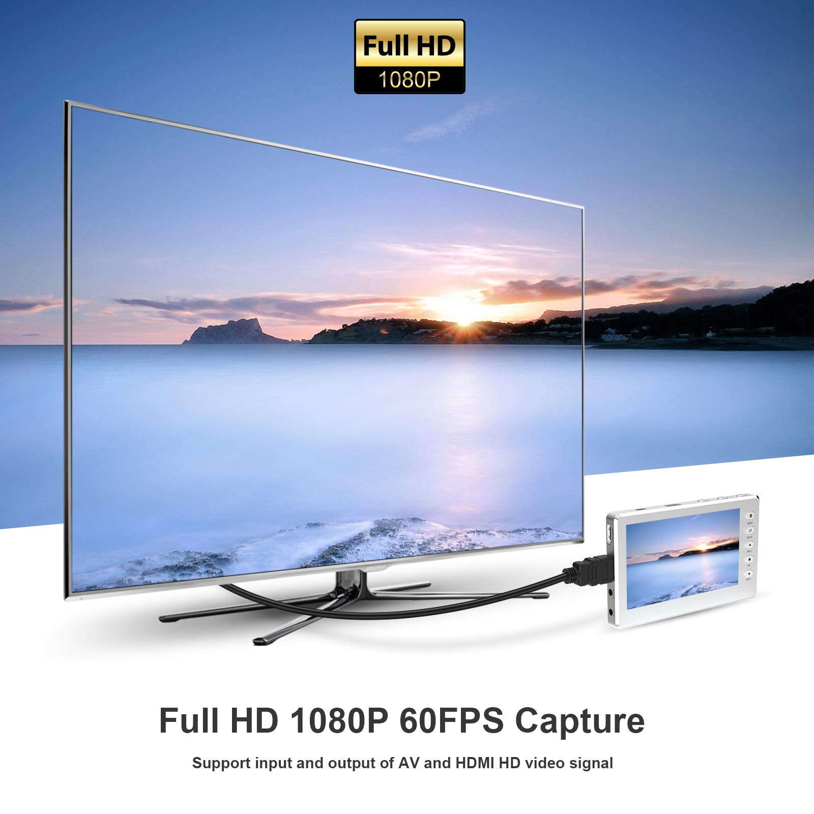 DIGITNOW HD Video Capture Box 1080P 60FPS USB 2.0 Video to Digital Converter with 5" OLED Screen, AV&HDMI Video Recorder Capture from VCR, DVD, VHS Tapes, Hi8, Camcorders, Gaming Systems -Silver