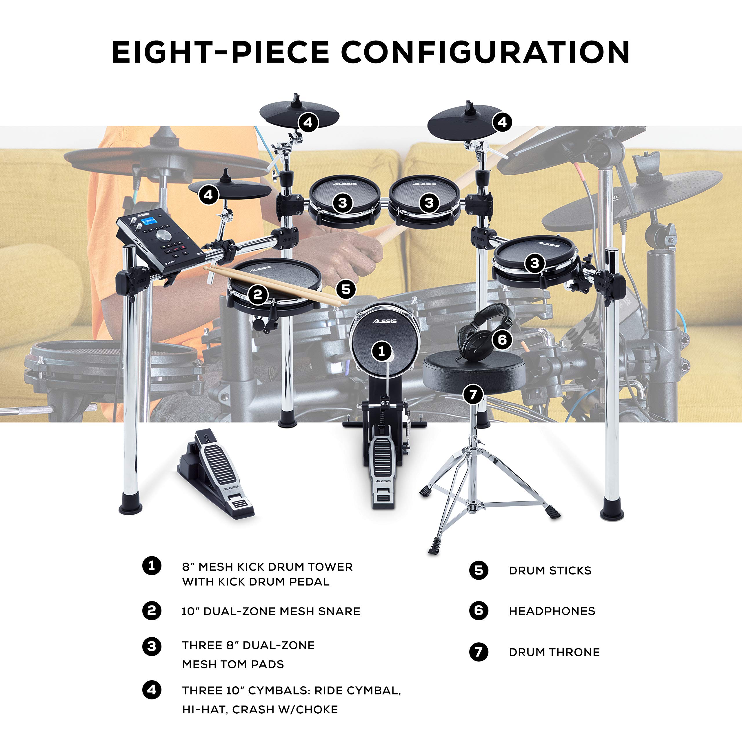 Alesis Drums Command Mesh Kit Bundle – Electric Drum Set With an Eight-Piece Mesh Electronic Drum Kit, Drum Throne, Headphones and Drum Sticks