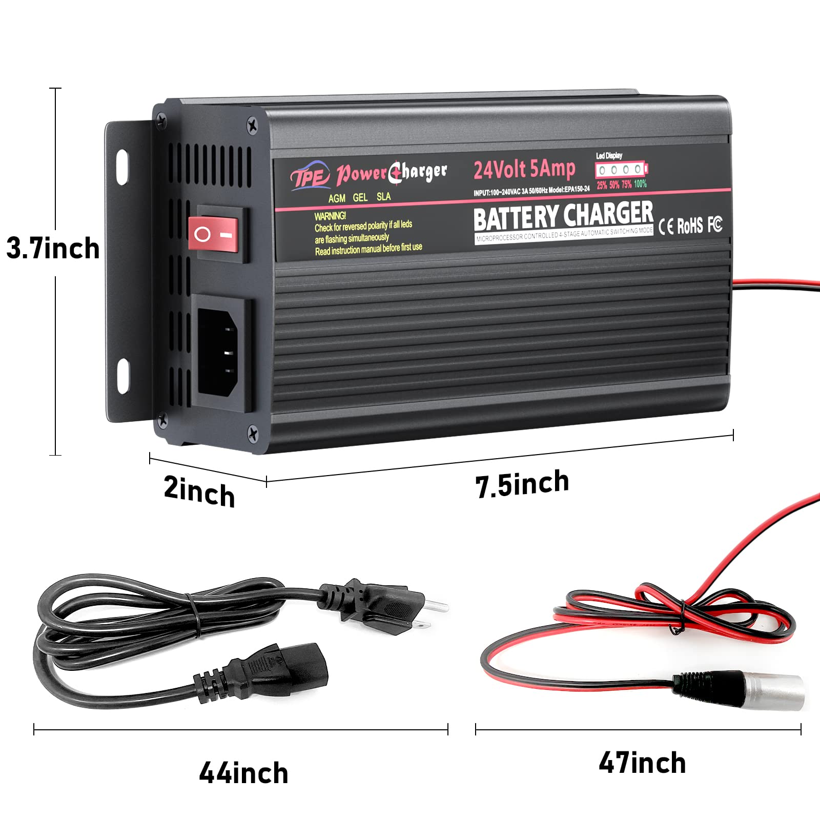 24V 5Amp Smart Automatic Battery Charger, Portable Battery Maintainer with XLR Connector for Car Boat Lawn Mower Marine Wheelchair Motorcycle eBike BLACK