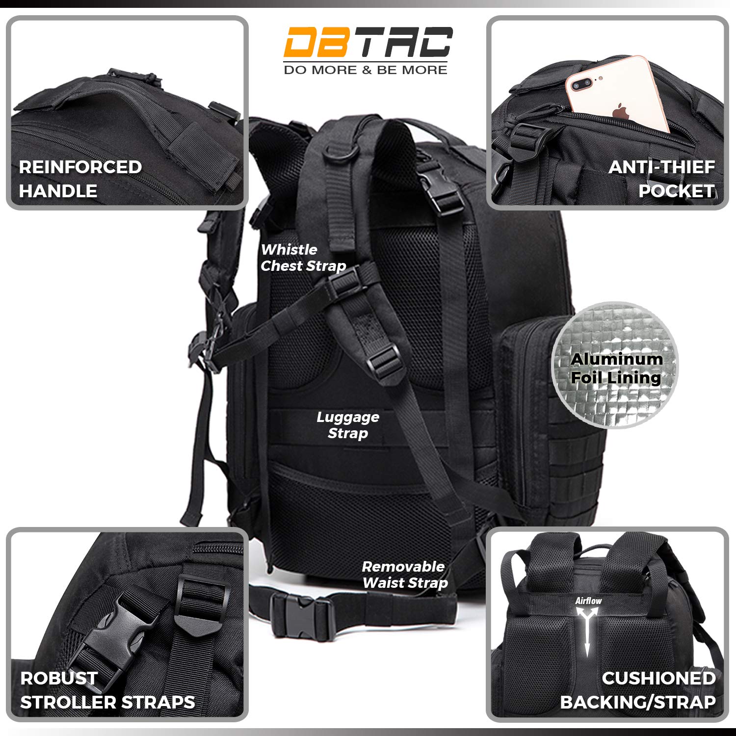 Diaper Bag Backpack for Dad, DBTAC Large Baby Nappy Bag for Men w/Changing Mat, Insulated+Wipe Pockets, Stroller Straps, Black
