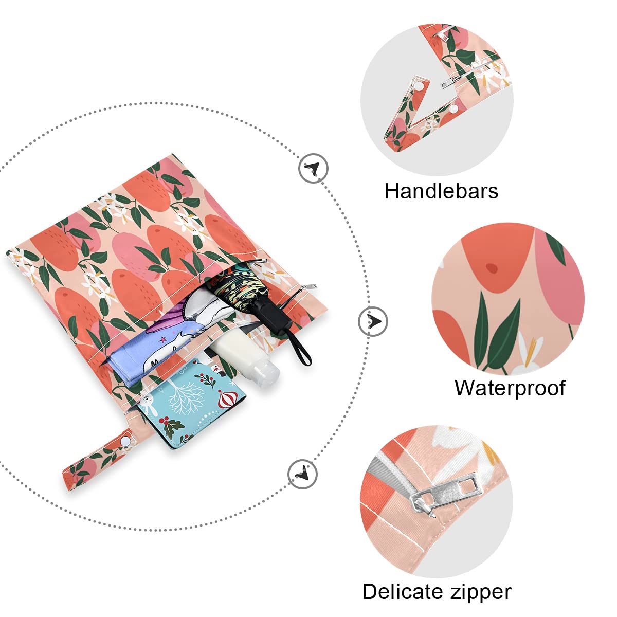 Wet Dry Bags for Diaper Bag Fruit Orange Flower Pattern Cloth Diaper Hanging Wet Bags Waterproof Washable Organizer Pouch with Pocket for Travel Camping Beach