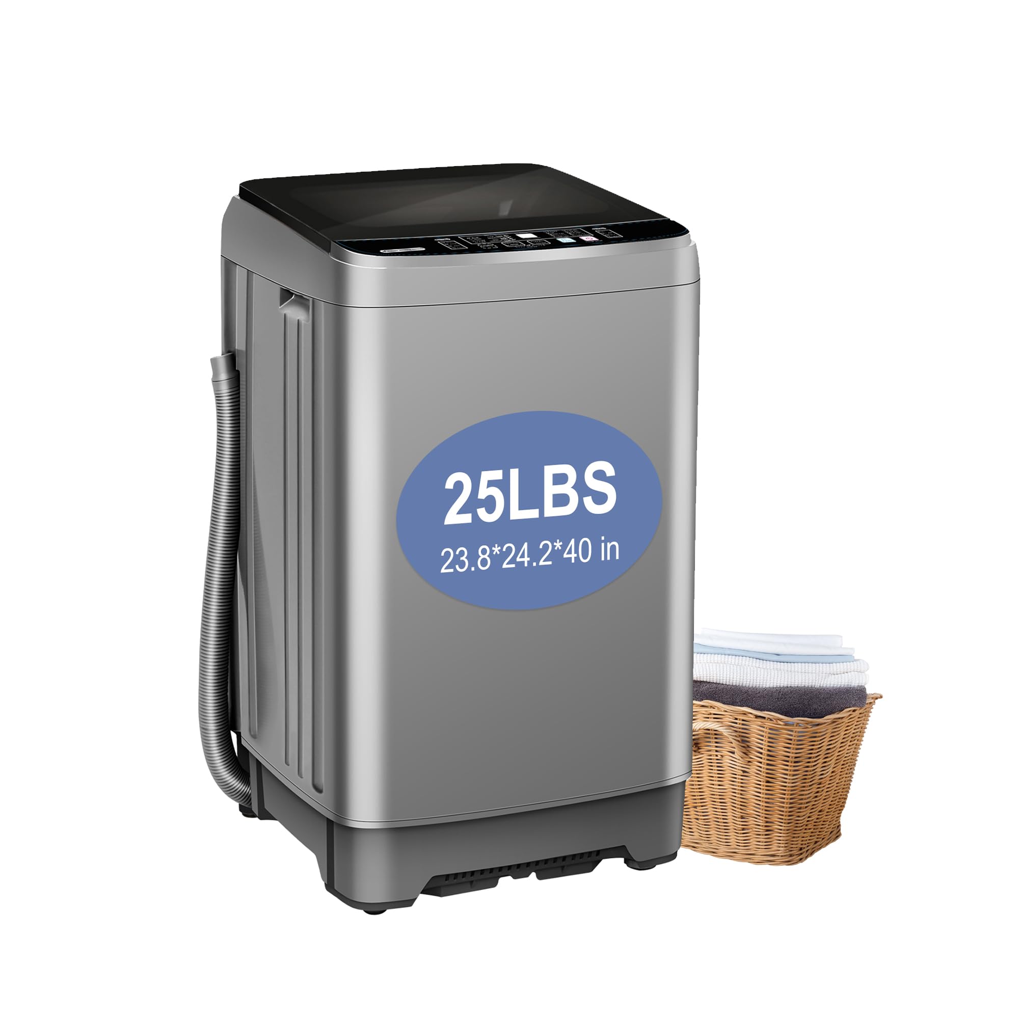 25 lbs Portable Washing Machine LED Display Full Automatic Washing Machine 10 Programs & 8 Water Levels, Come with a Glass Cover, Drain Pump Ideal for Apartment Home Dorm, Grey