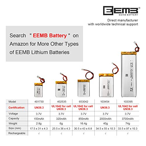 EEMB Lithium Polymer Battery 3.7V 1100mAh 603449 Lipo Rechargeable Battery with Wire JST 2.0mm Connector for Speaker and Wireless Device- Confirm Device & Connector Polarity Before Purchase