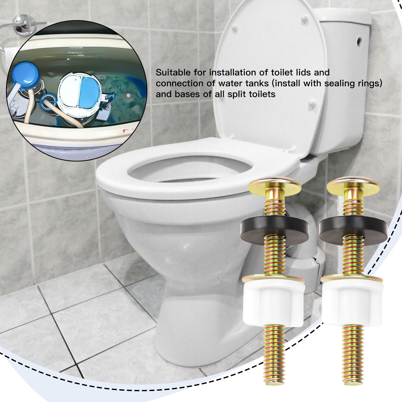 2 Pcs Universal Toilet Seat Screws Heavy Duty Toilet Seat Hinge Bolt and Screw Set, Metal and Rubber Washers with White Plastic Nuts for Top Mount Toilet Seat Hinges Replacement Parts