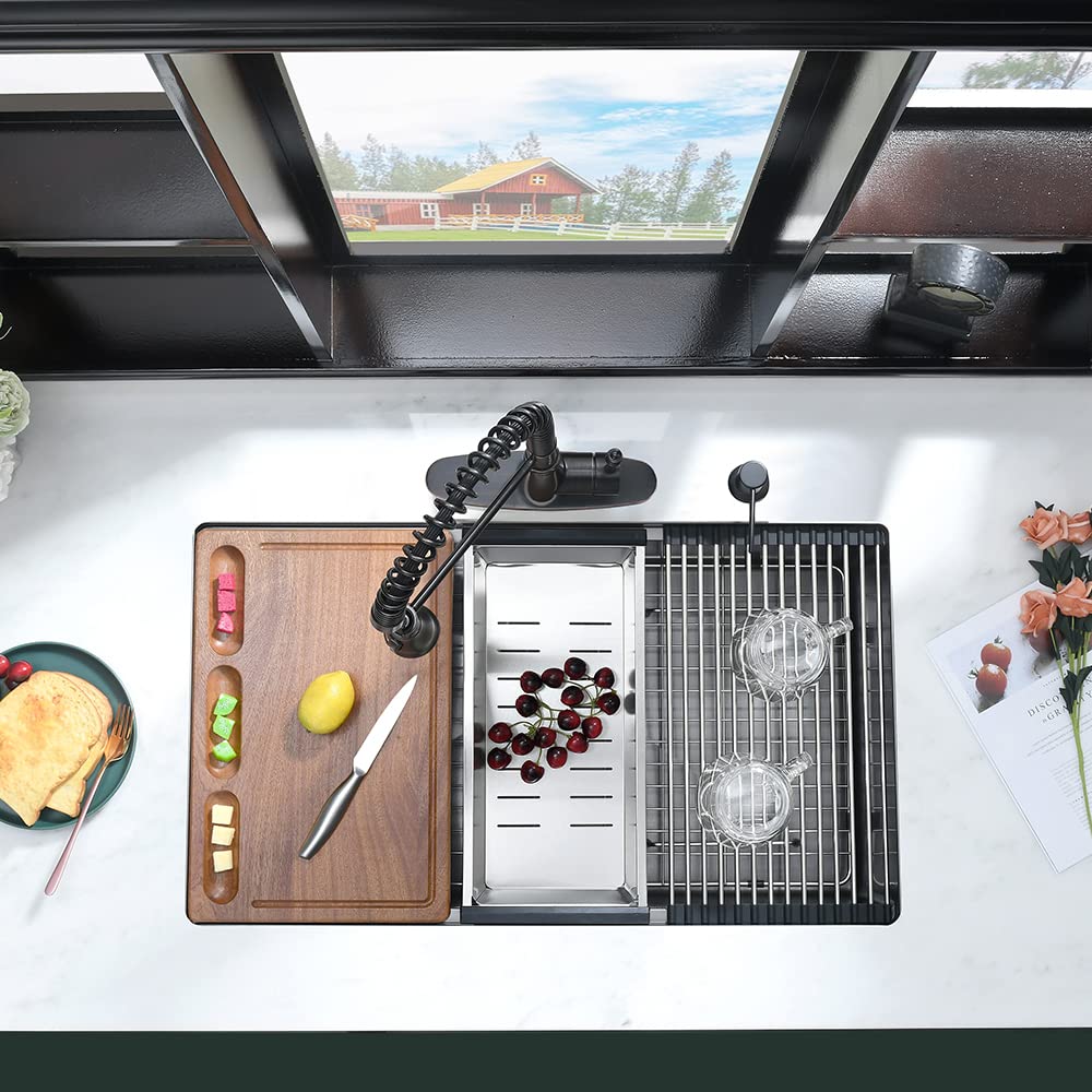 33 Inch Black Stainless Steel Undermount Kitchen Sink - iAnomla 33x19x10 Undermount Workstation Sink 16 Gauge Gunmetal Black Deep Single Bowl Kitchen Sink with Cutting Board & Colander