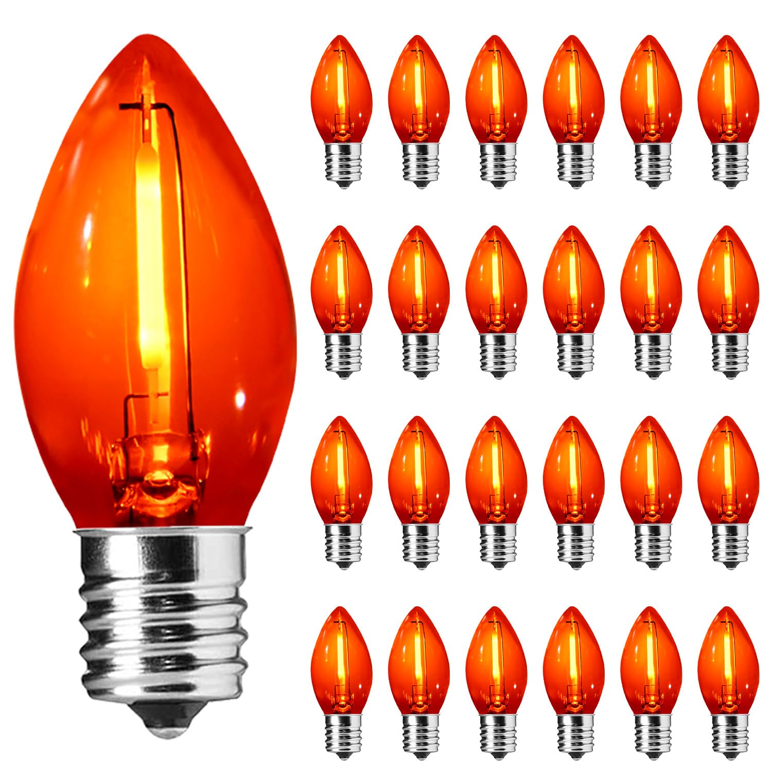 25 Pack C7 LED Clear Orange Replacement Bulbs for String Lights Outdoor, E12 Screw Base, 0.6W Night Light Plastic Bulbs for Halloween Indoor Outdoor Roofline Garden Patio Yard Party Decorations