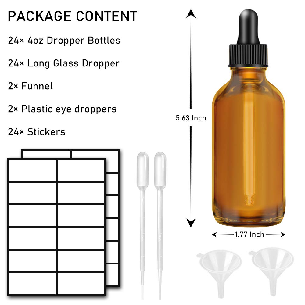 LOTUSBTDT 4oz Dropper Bottles for Essential Oils, 24 Pack 120ml Amber Glass Dropper Bottles with Eye Dropper, 2 Funnel and 2 Long Dropper, Empty Tincture Bottles for Travel, Home use