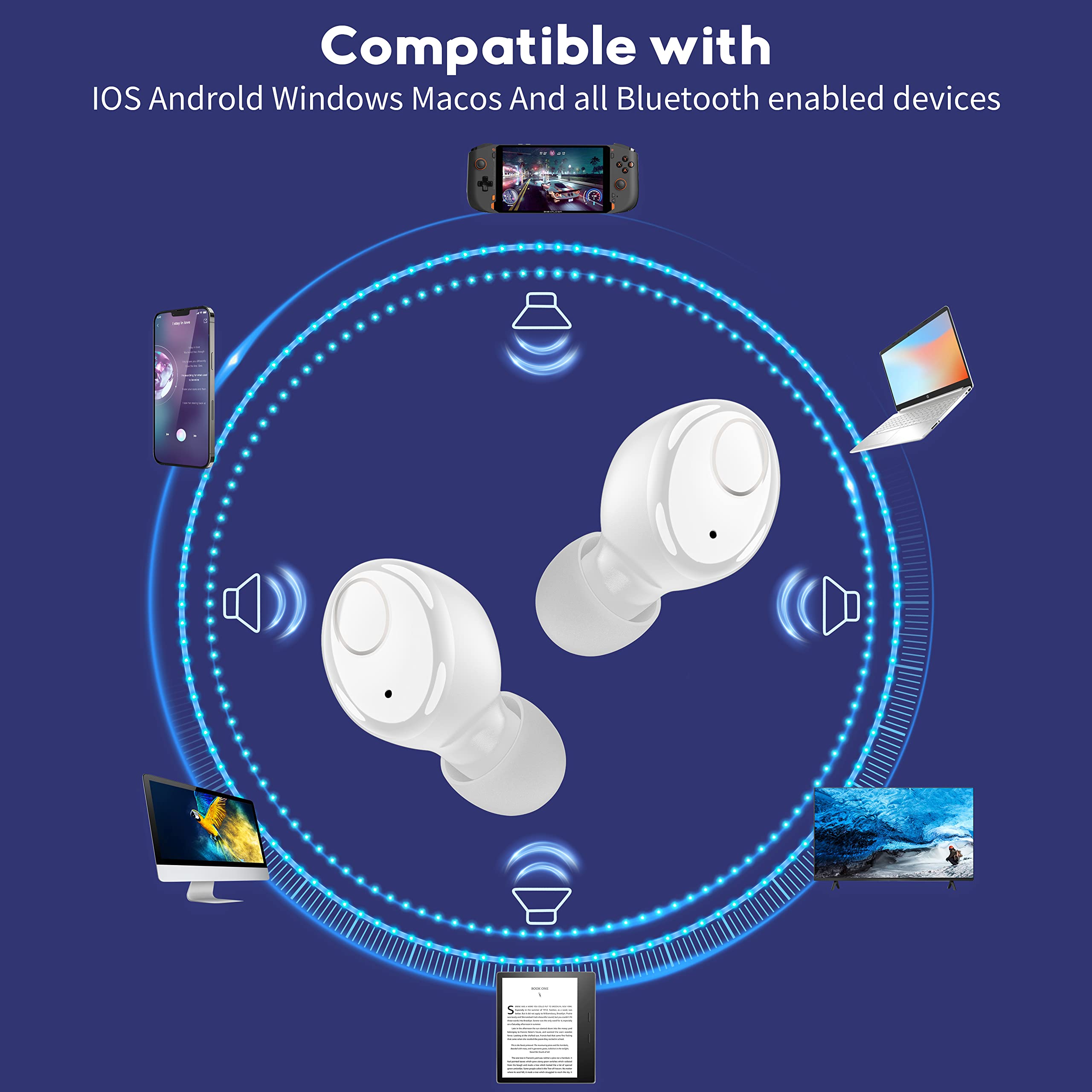 Bluetooth Earbuds,Kurdene S8 Wireless Earbuds 48H Playtime Call Noise Cancelling IPX8 Waterproof Ear Buds Deep Bass Earphones with Microphone in-Ear Stereo Headphones for Work,Sport,Running