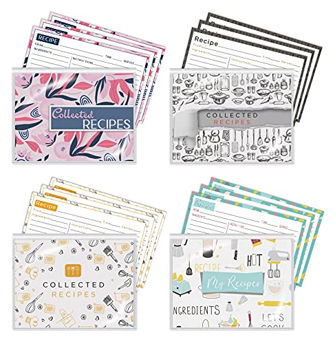 24 Pocket Mini Recipe Card Books with 100 4 x 6 Recipe Cards, 4 Pack with 4 Assorted Designs (25 Cards per Design), by Better Kitchen Products, 4 Recipe Book Sleeves + 100 Recipe Cards