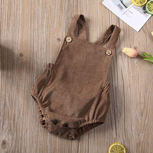 Kuriozud Infant Baby Boy Girl Corduroy Romper Plain Bodysuit Crossback Strap Clothes (Coffee, 12-18 Months)