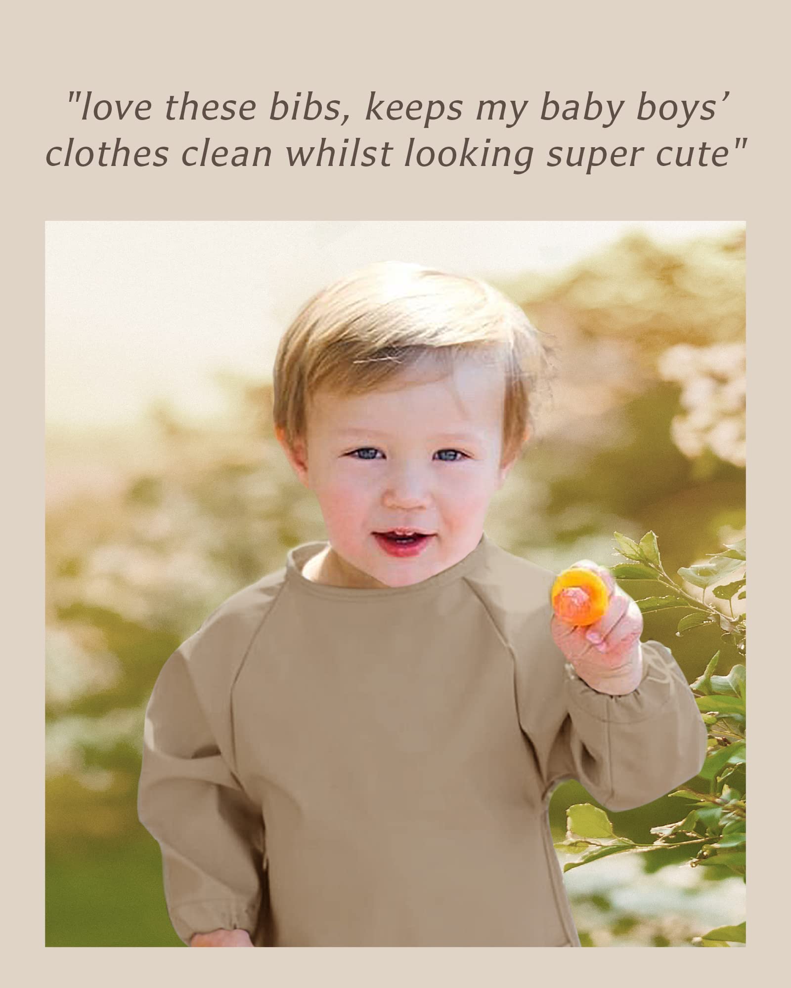 WILLOW + SIM Long Sleeve Baby Bibs - Wipe Clean, Washable with Food Catcher - Long Sleeve Bib for Babies, Toddler - Irish Cream