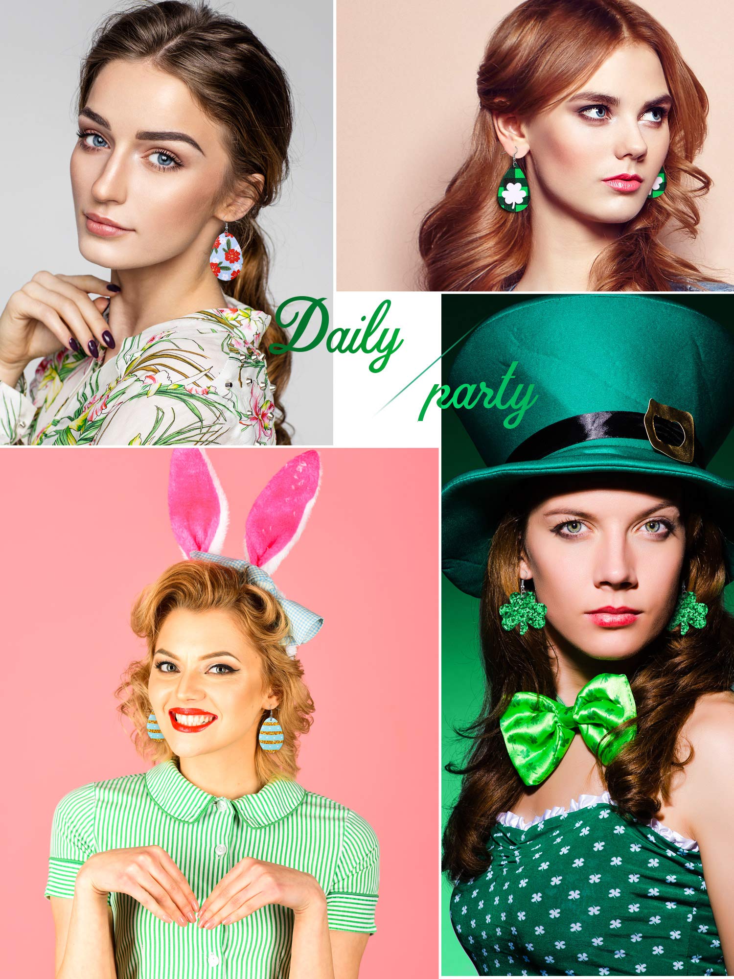 25 Pairs St Patrick's Day Easter Faux Leather Earrings Set Teardrop Clover Green Hat Easter Egg Dangle Earrings for Women Girls