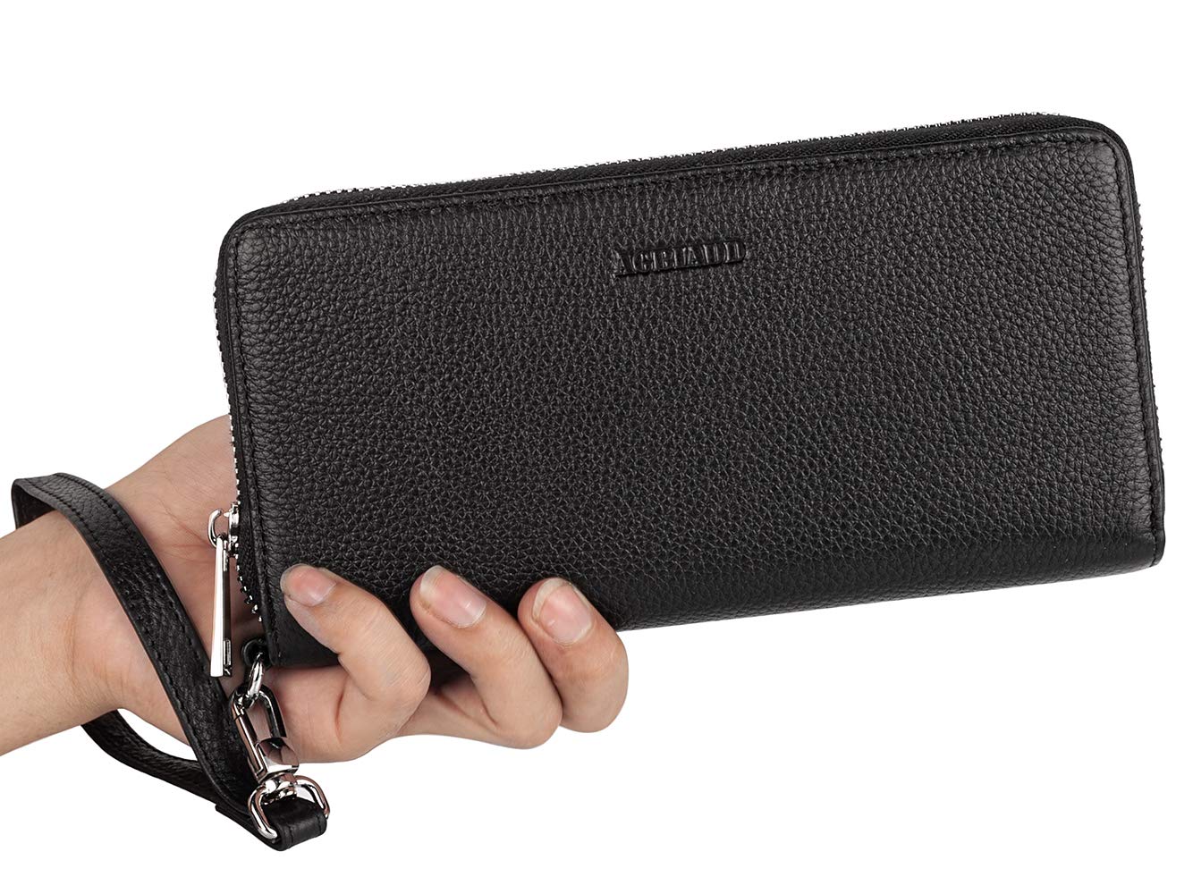 AGBIADD Plus Size RFID Blocking Women's Wallet Genuine Leather Zip Around Clutch Large Travel Purse (Black)