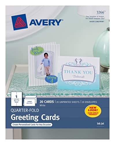 Avery Printable Greeting Cards, Quarter-Fold, 4.25" x 5.5", Matte White, 20 Blank Cards with Envelopes (3266)