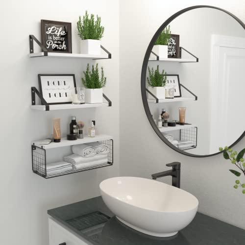 DOLLFIO Floating Shelves for Bathroom with Basket, Wooden Wall Shelves, Floating Shelves for Wall Décor, Wall Mounted Floating Shelf for Bathroom, Floating Shelf for Wall, Bedroom, Living Room–White