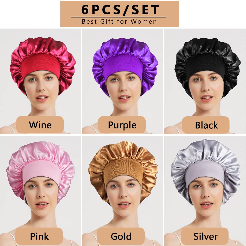 6PCS Satin Bonnets for Black Women, Large Braids Bonnet Wide Band Hair Bonnets, A