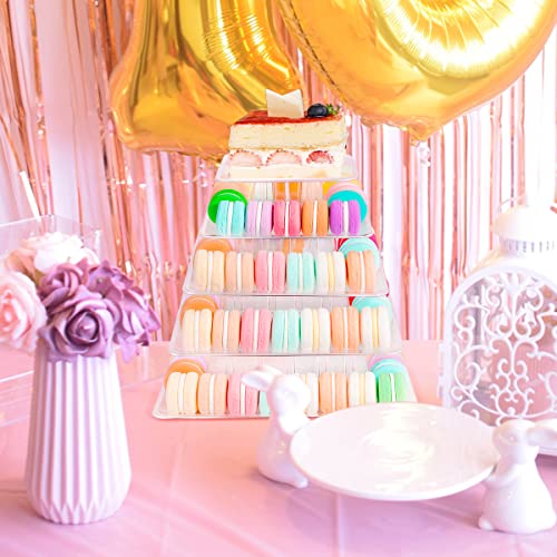 5 Tiers Square Macaron Tower Stand, Plastic Transparent Cake Stand Macaroon Display Rack Desserts Cupcake Holder Platter for Wedding, Birthday Party, Baby Shower, Party Decor by Greatstar