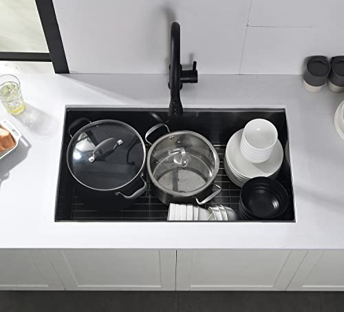 33 Black Undermount Kitchen Sink, 33x19x10 Inch 16 Gauge Black Stainless Steel Single Bowl Workstation Kitchen Sinks With Accessories BL34
