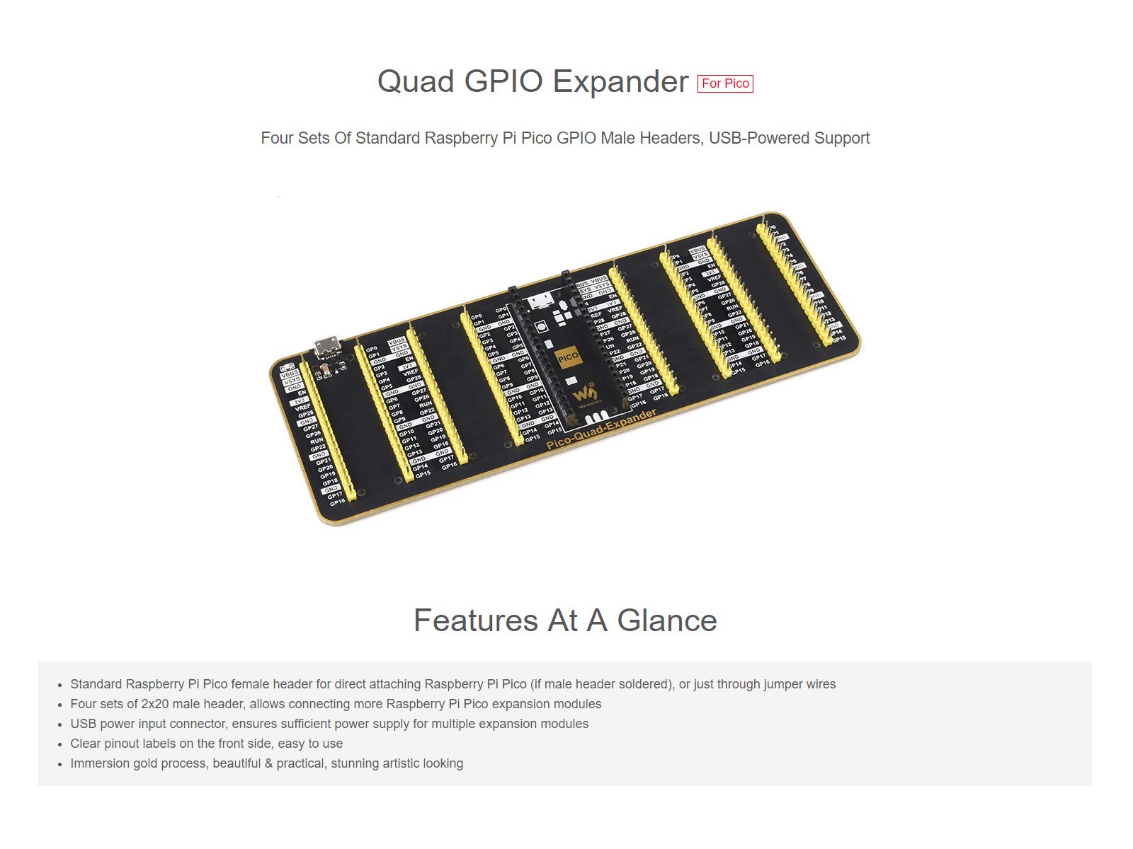 Quad GPIO Expander for Raspberry Pi Pico Microcontroller Board Four Sets of Standard Raspberry Pi Pico GPIO Male Headers for Connecting More Expansion Modules,USB-Powered